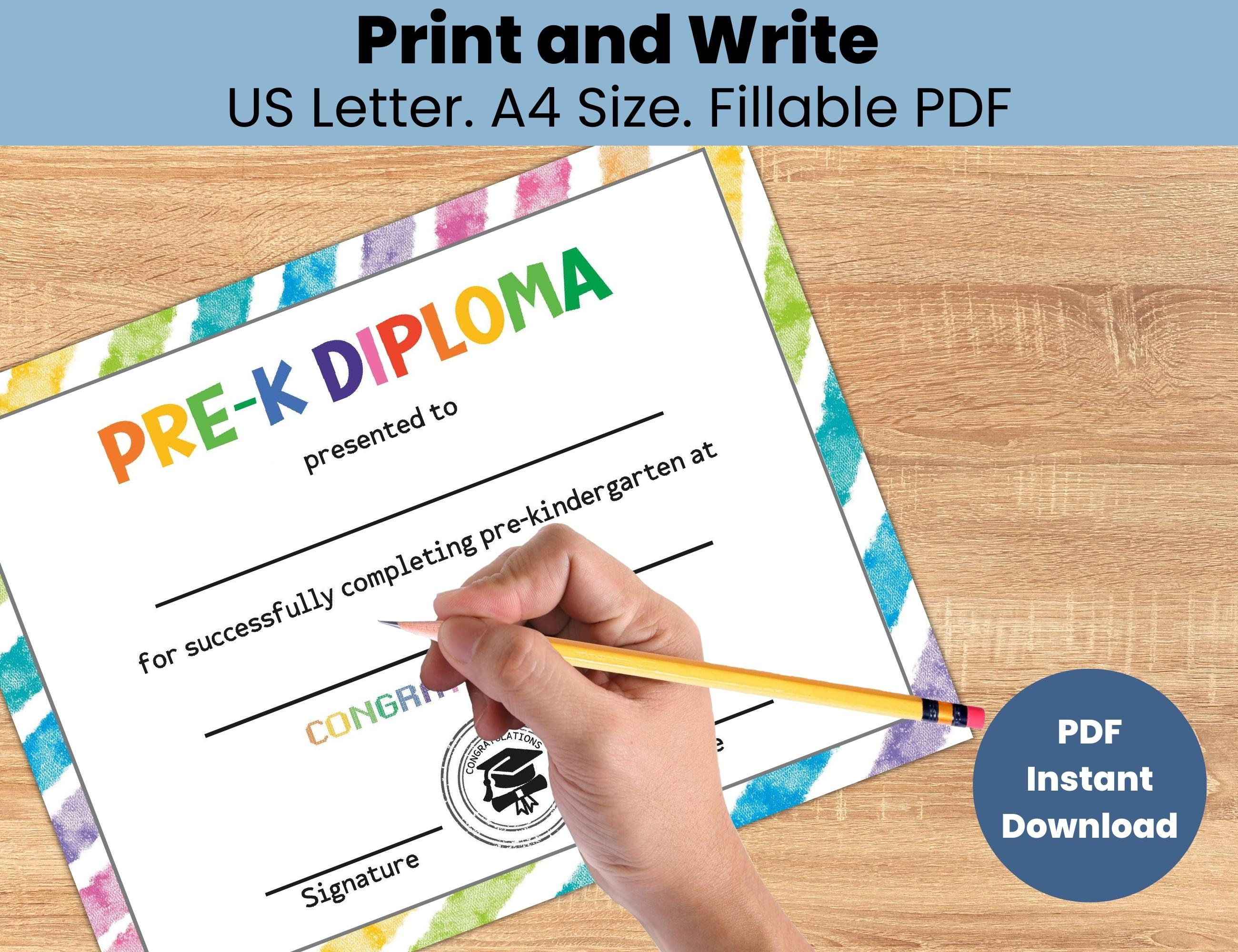 Pre K Graduation Diploma Certificate Template, Custom Printable Diploma ...