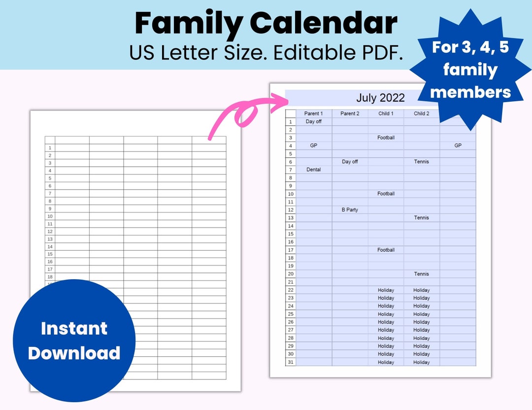 Custom Family Calendar, Editable Family Planner Printable, Family ...