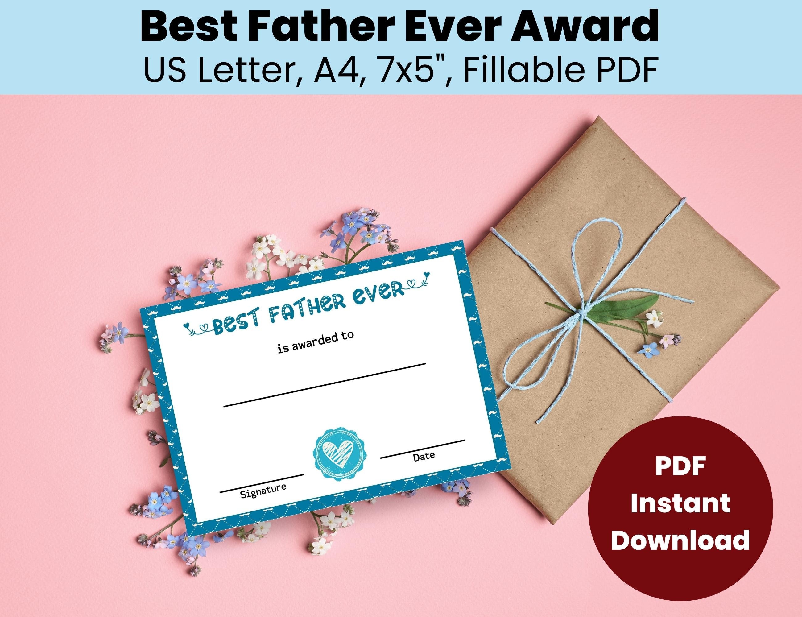 Best Father Ever Award Certificate Template Editable, Best Dad Award ...