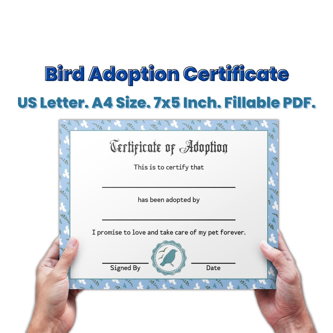 Pet Bird Adoption Certificate, Custom Editable Certificate Template for ...