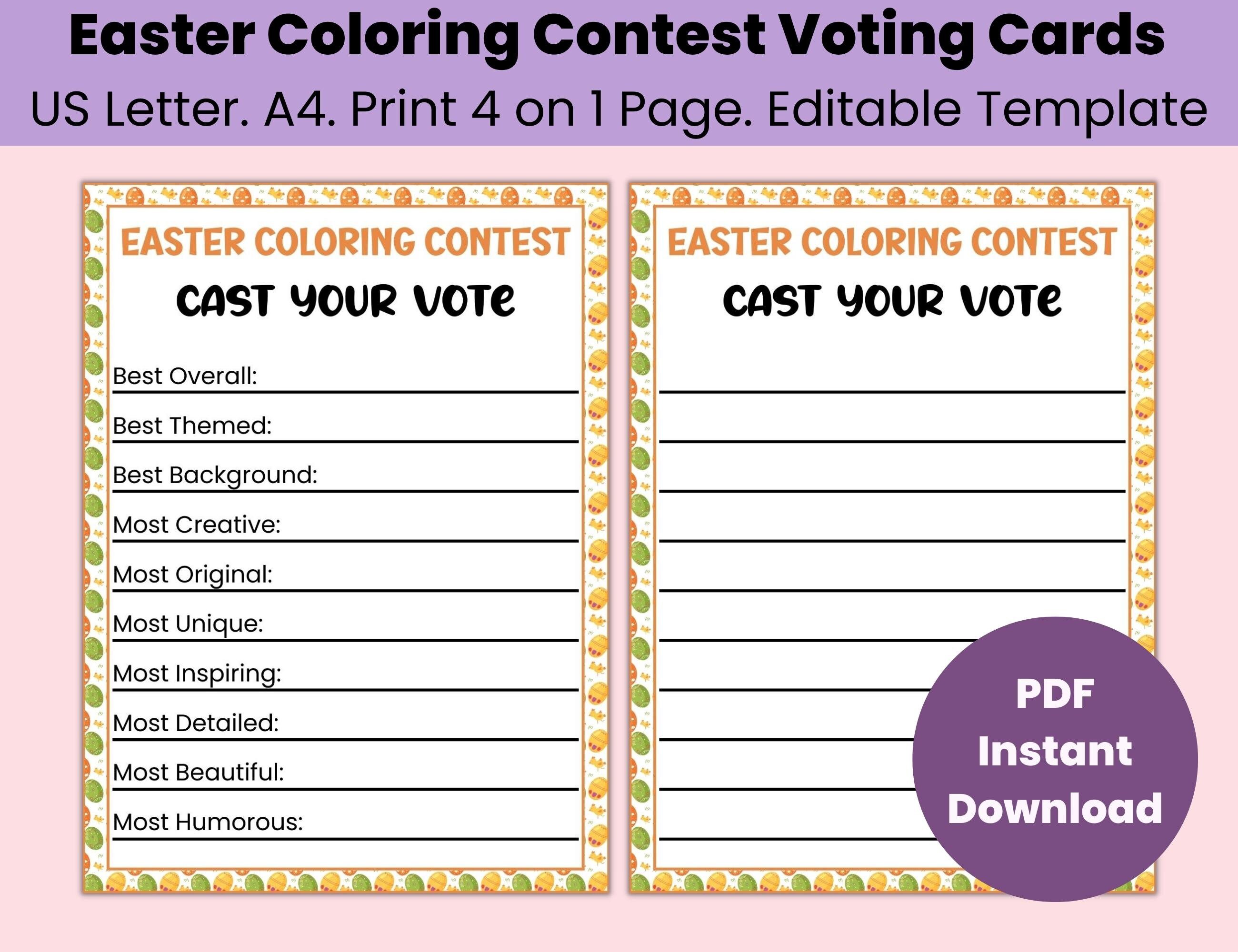 Easter Coloring Contest Kit, Easter Certificates, Voting Cards, Easter ...