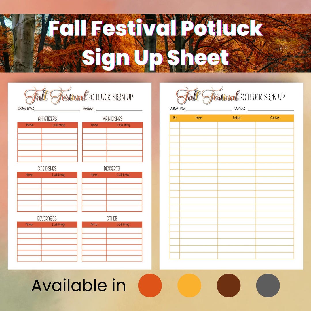 Fall Festival Potluck Sign up Sheet, Fall Dinner Party Potluck Signup ...