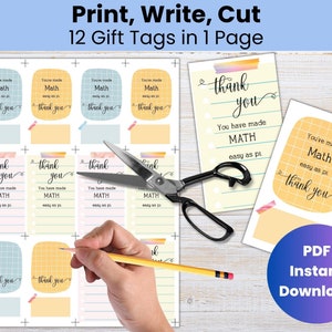 Math Teacher Appreciation Gift Tags Printable, Thank You Appreciation ...