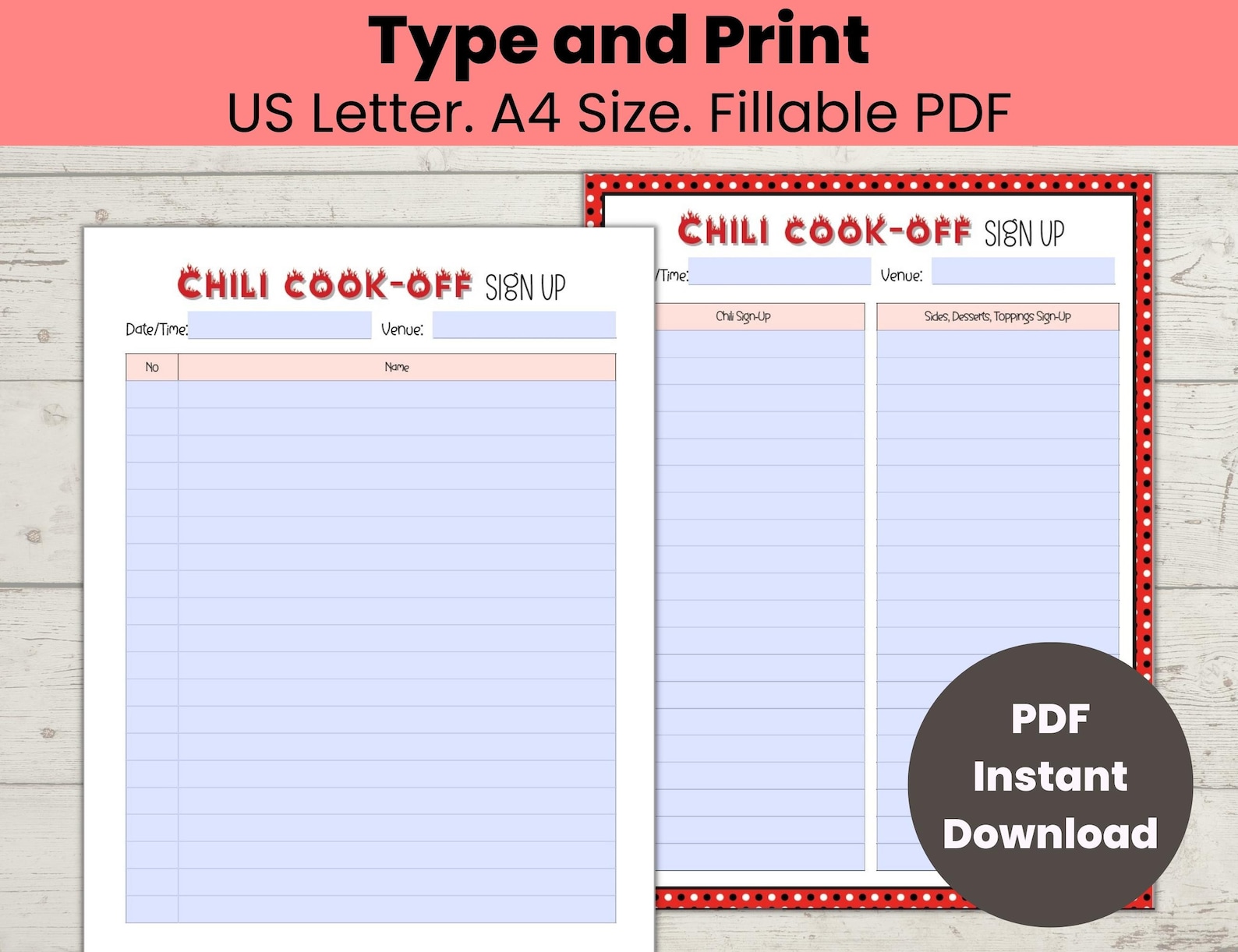 Chili Cook off Sign up Sheet Template Editable, Cooking Contest Prep ...