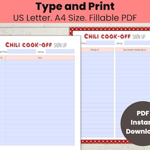 Chili Cook off Sign up Sheet Template Editable, Cooking Contest Prep ...