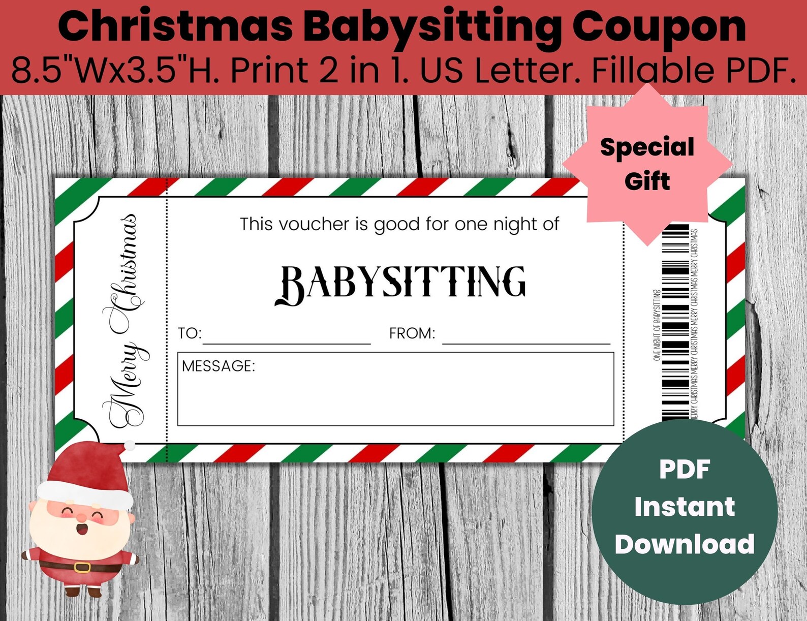 Babysitting Voucher Card for Christmas, Babysitting Coupon, Christmas ...