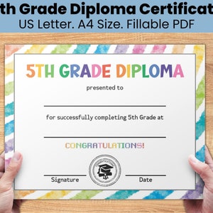Fifth Grade Diploma Certificate Template, Custom Printable 5th Grade ...