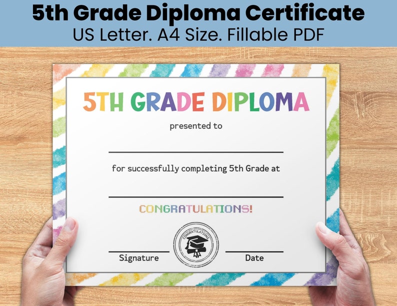 Fifth Grade Diploma Certificate Template, Custom Printable 5th Grade ...