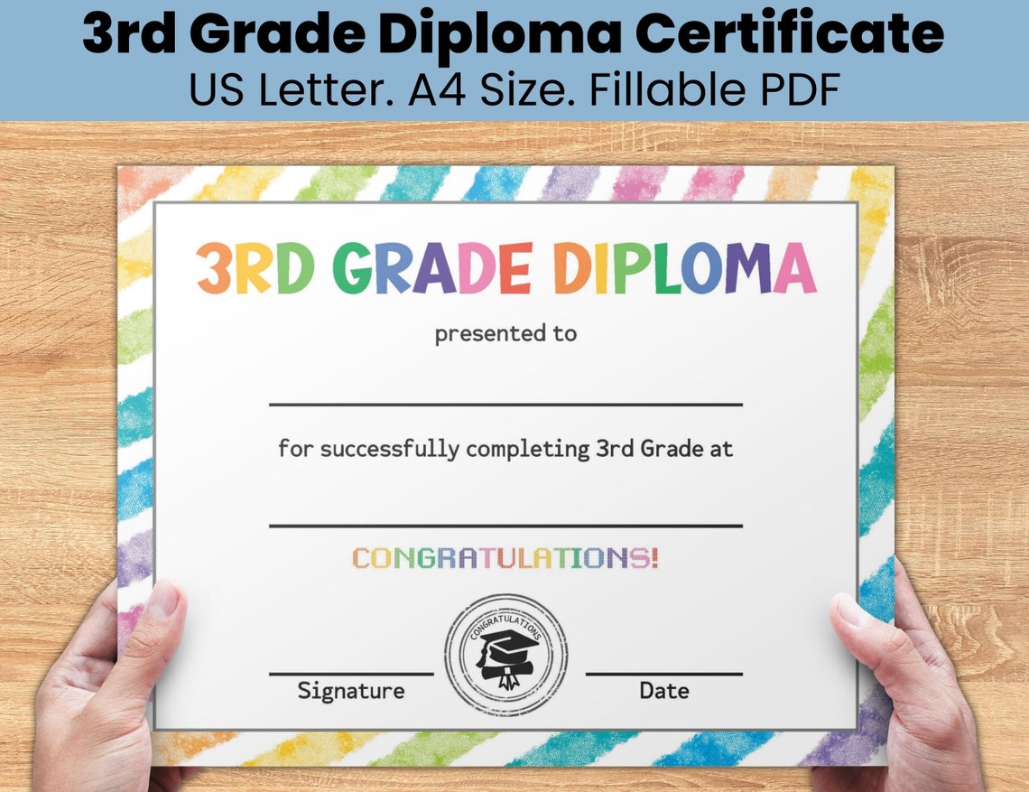Third Grade Diploma Certificate Template, Custom Printable 3rd Grade ...