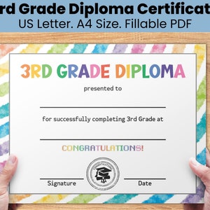 Third Grade Diploma Certificate Template, Custom Printable 3rd Grade ...