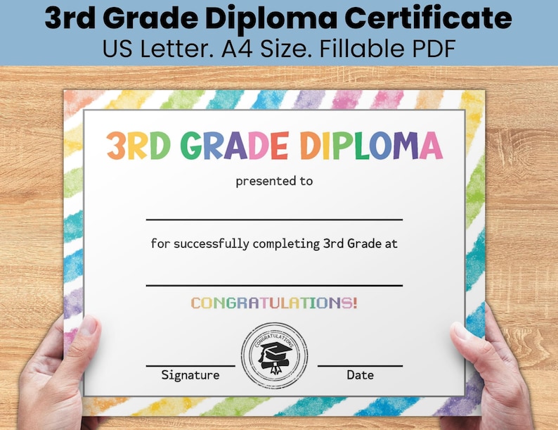 Third Grade Diploma Certificate Template, Custom Printable 3rd Grade ...