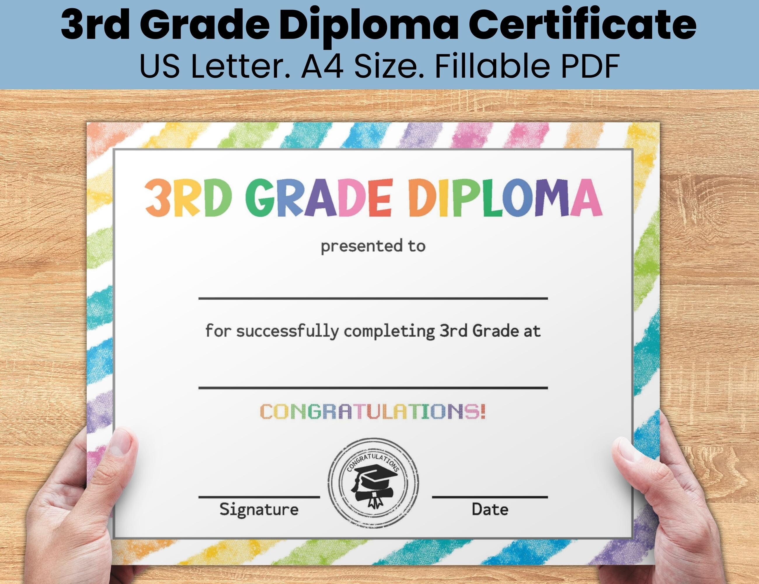 Third Grade Diploma Certificate Template, Custom Printable 3rd Grade ...