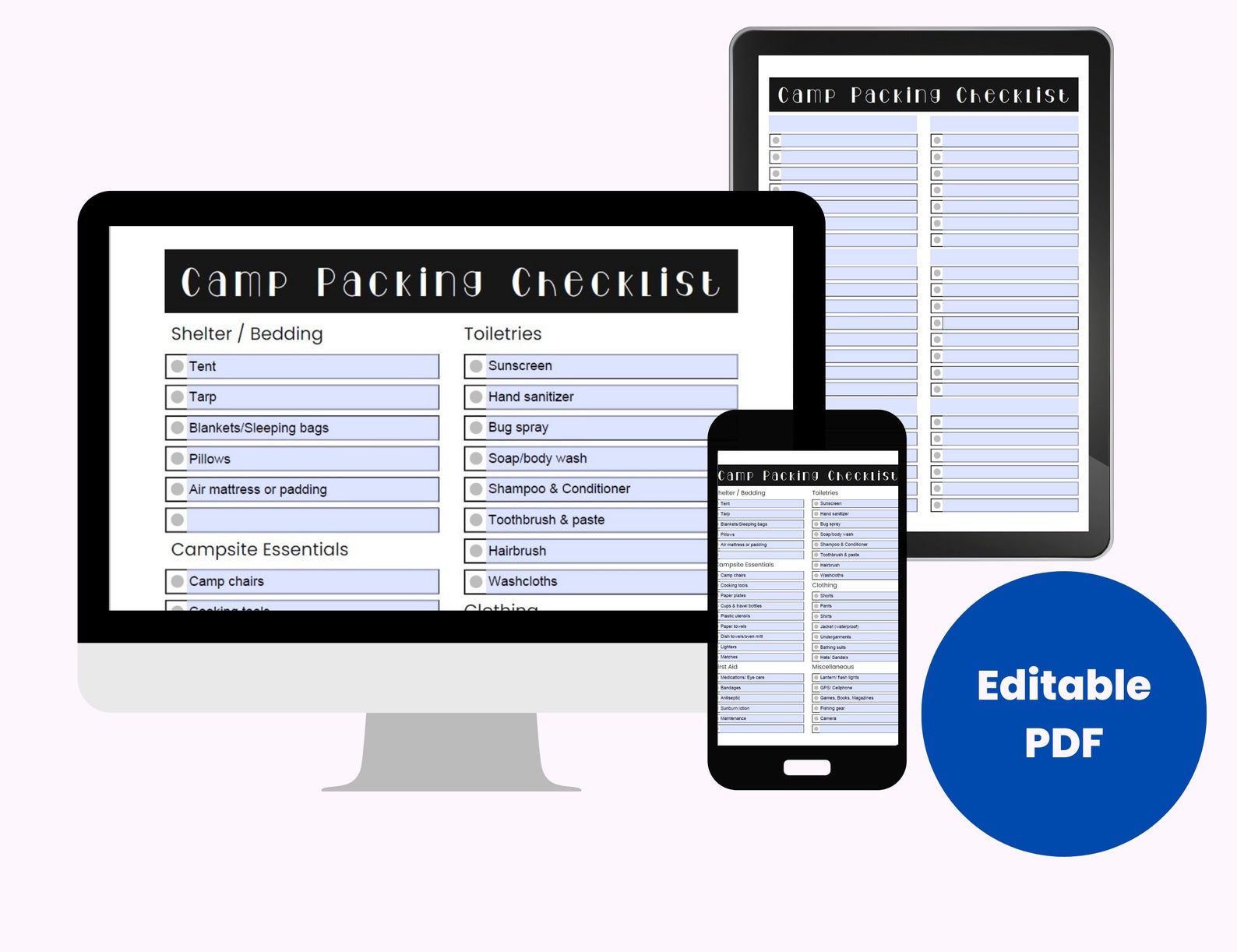 Camp Packing List Template, Editable Packing List for Camp, Printable ...