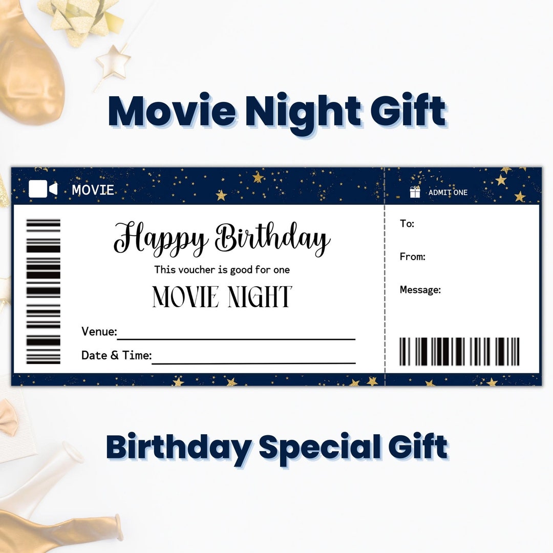 Movie Night Ticket Gift Coupon Template, Personalized Happy Birthday ...