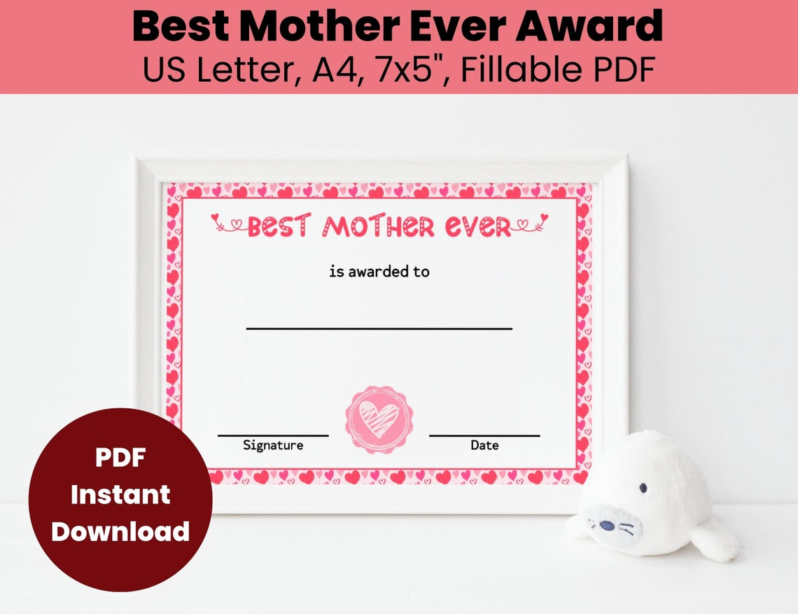 Best Mother Ever Award Certificate Editable Template, Custom Mother's ...
