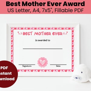 Best Mother Ever Award Certificate Editable Template, Custom Mother's ...