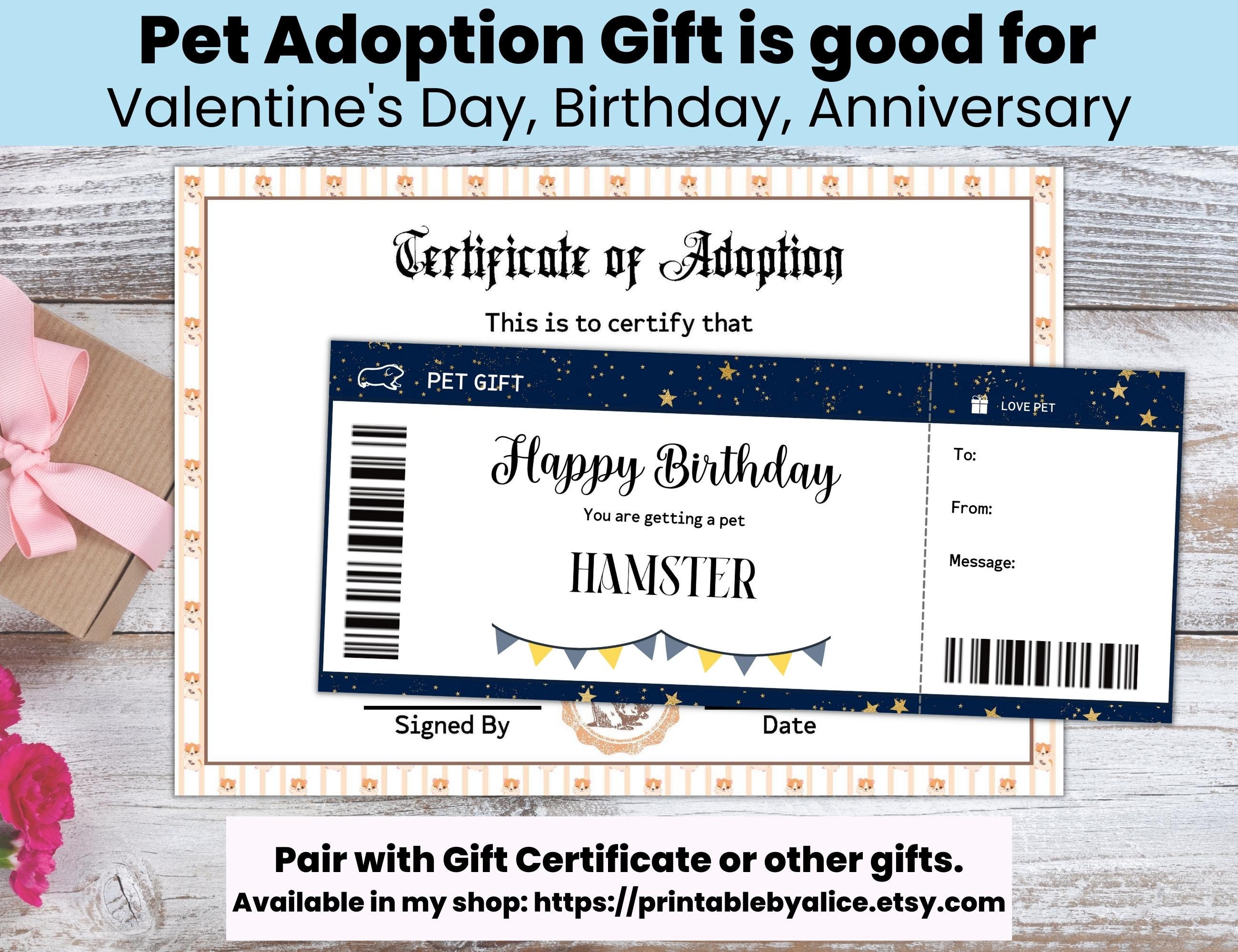 Pet Hamster Adoption Certificate, Custom Editable Certificate Template ...
