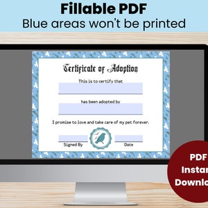 Pet Bird Adoption Certificate, Custom Editable Certificate Template for ...
