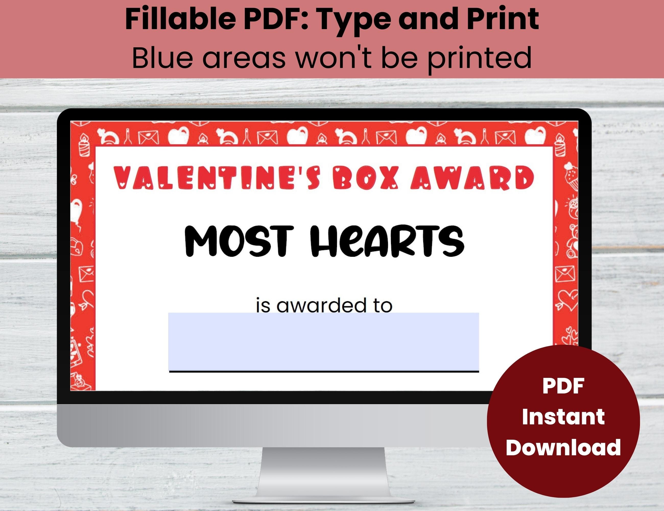 Valentine's Day Box Award Certificates Template Editable, Class ...