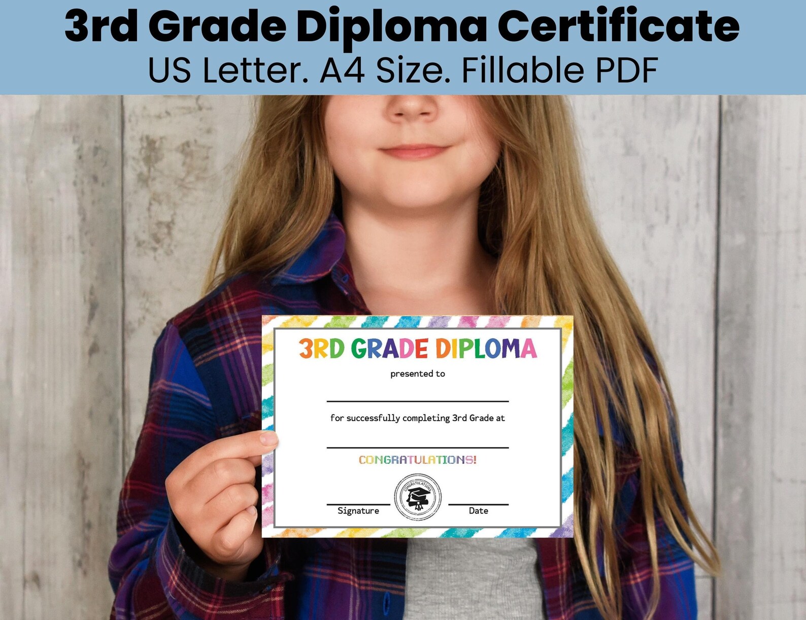 Third Grade Diploma Certificate Template, Custom Printable 3rd Grade ...