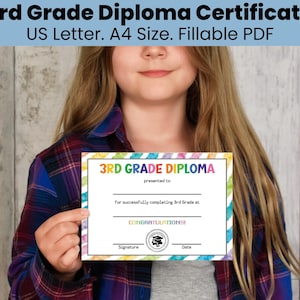 Third Grade Diploma Certificate Template, Custom Printable 3rd Grade ...