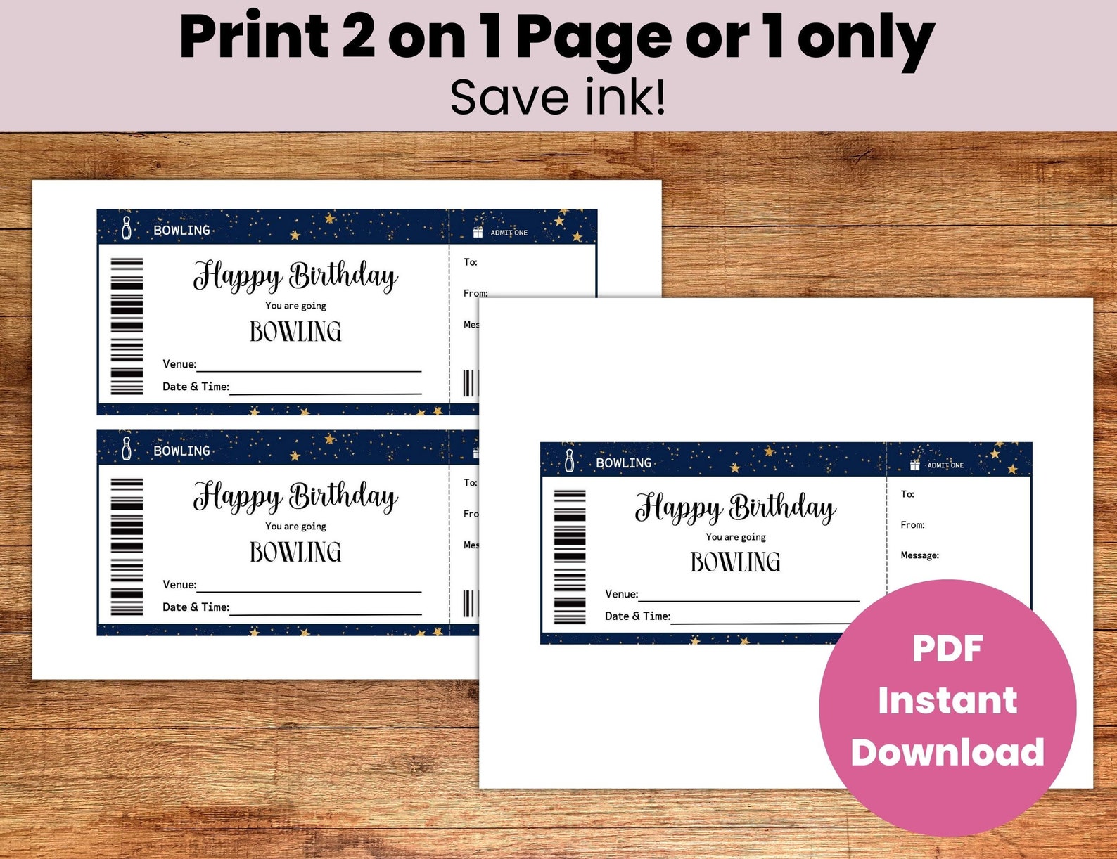 Bowling Game Ticket Gift Coupon Template for Birthday, Personalized ...