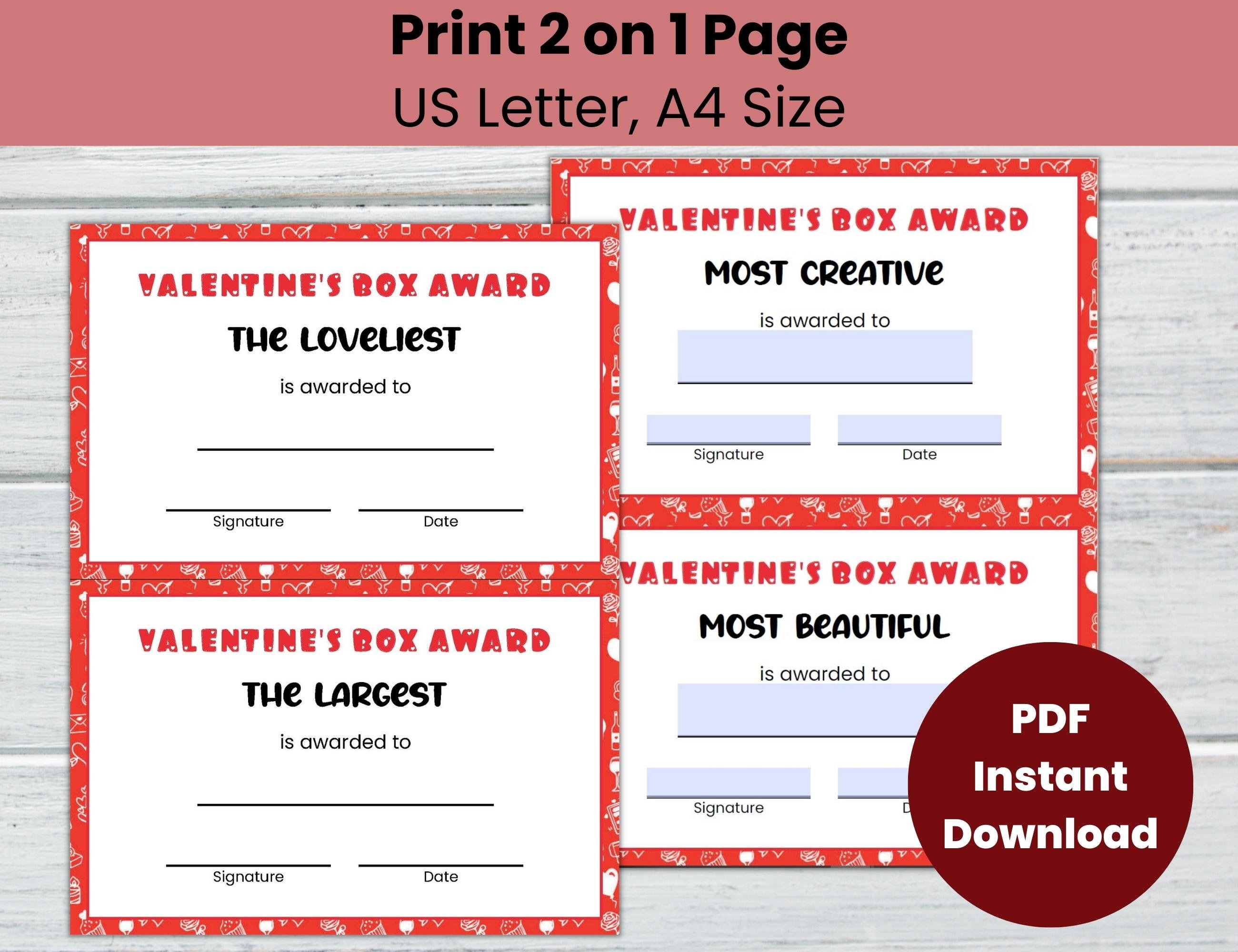 Valentine's Day Box Award Certificates Template Editable, Class ...