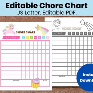 Unicorn Chore Chart for Kids Printable, Editable Kids' Chore Chart ...