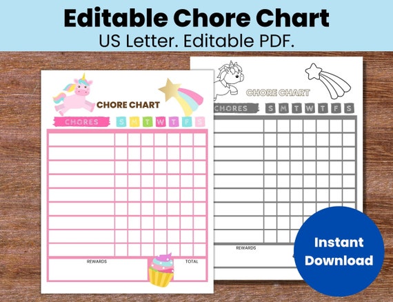 Unicorn Chore Chart for Kids Printable Editable Kids' - Etsy