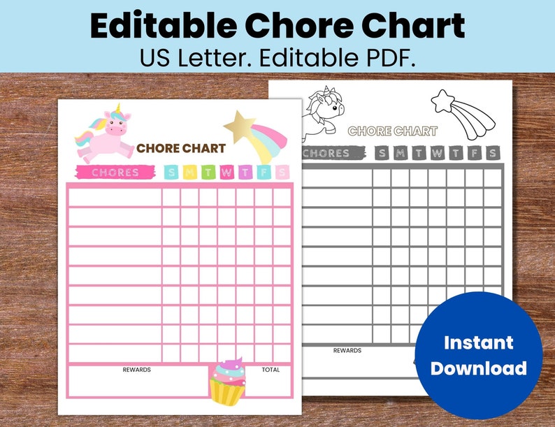 Unicorn Chore Chart for Kids Printable, Editable Kids' Chore Chart ...