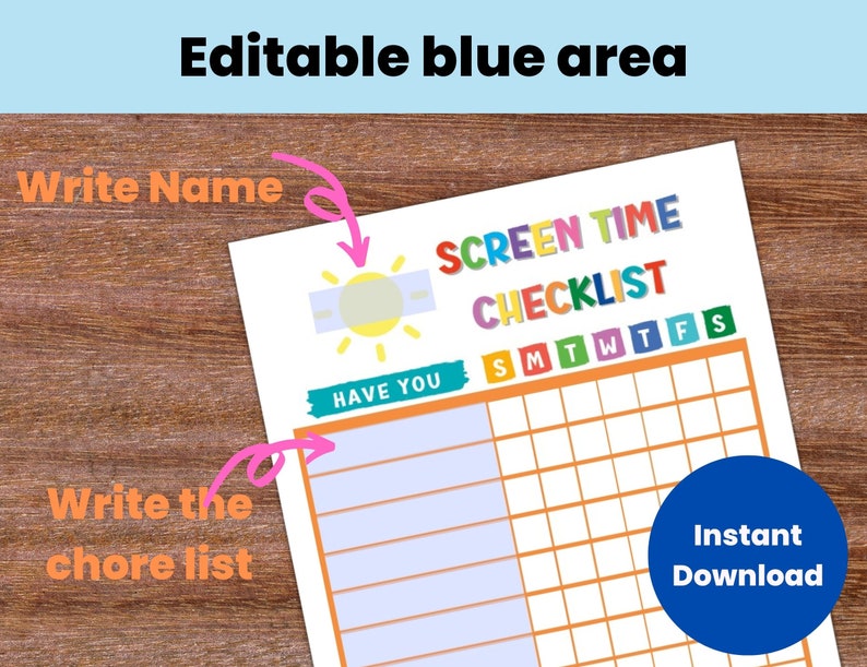 Summer Screen Time Checklist, Children Chore Chart Printable, Kids ...