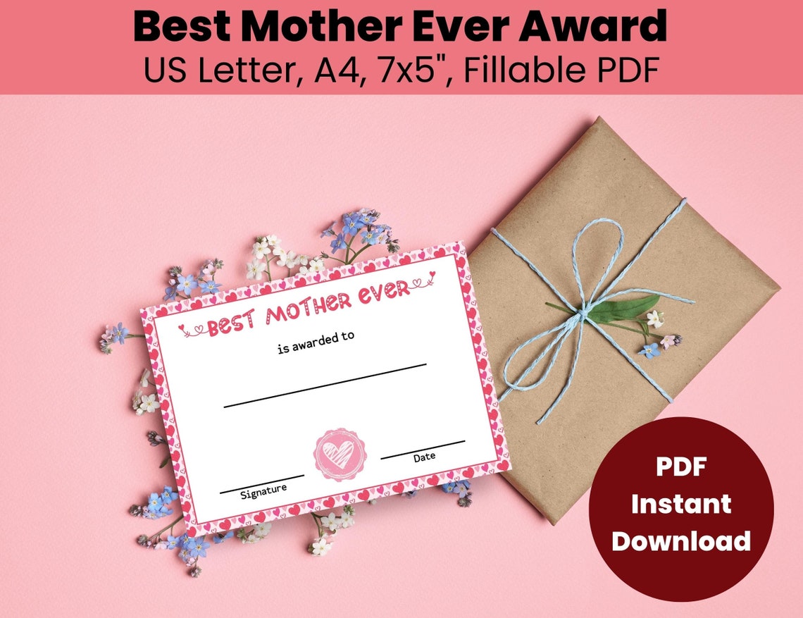 Best Mother Ever Award Certificate Editable Template, Custom Mother's ...