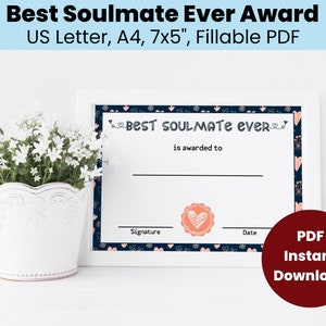 Best Soulmate Ever Award Certificate, Personalized Love Certificate ...