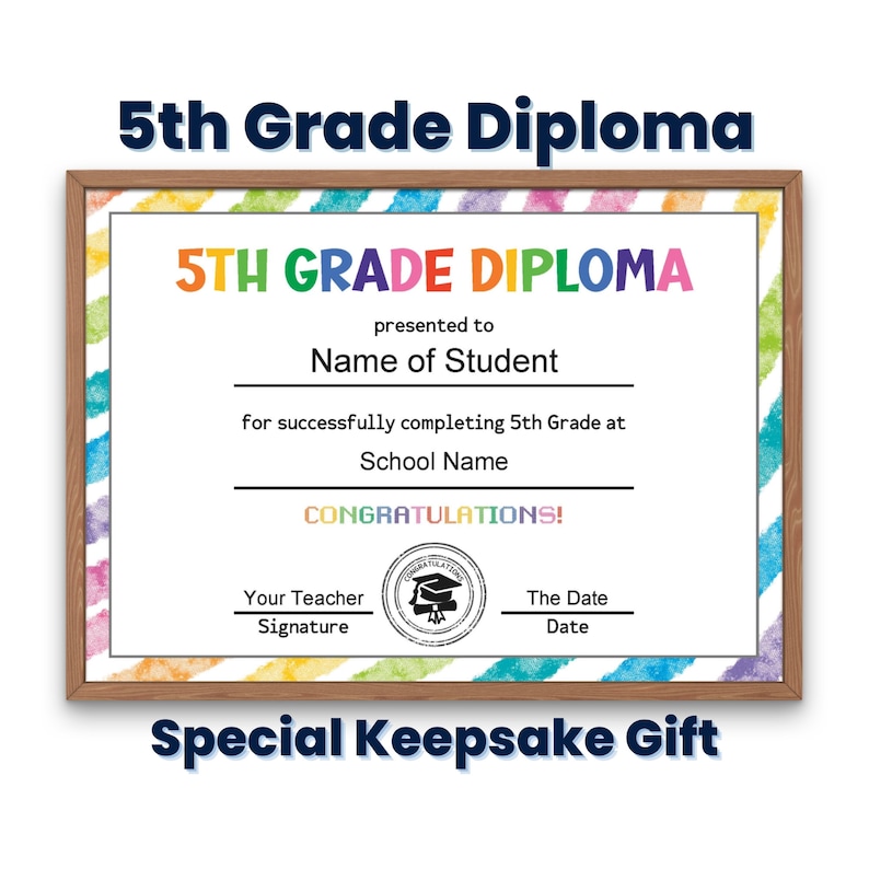 Fifth Grade Diploma Certificate Template, Custom Printable 5th Grade ...