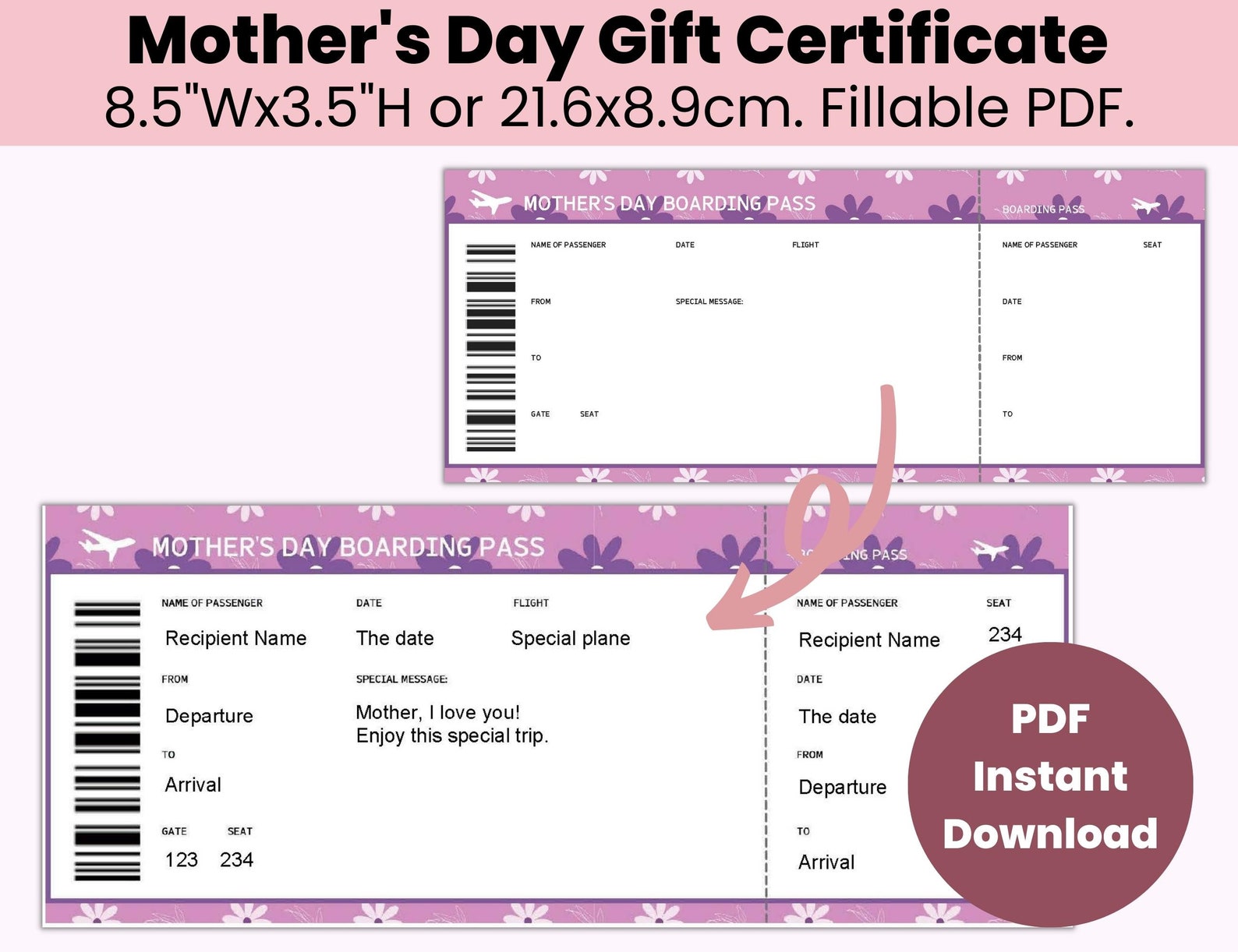 Custom Mothers Day Editable Boarding Pass Template, Plane Ticket Gift ...