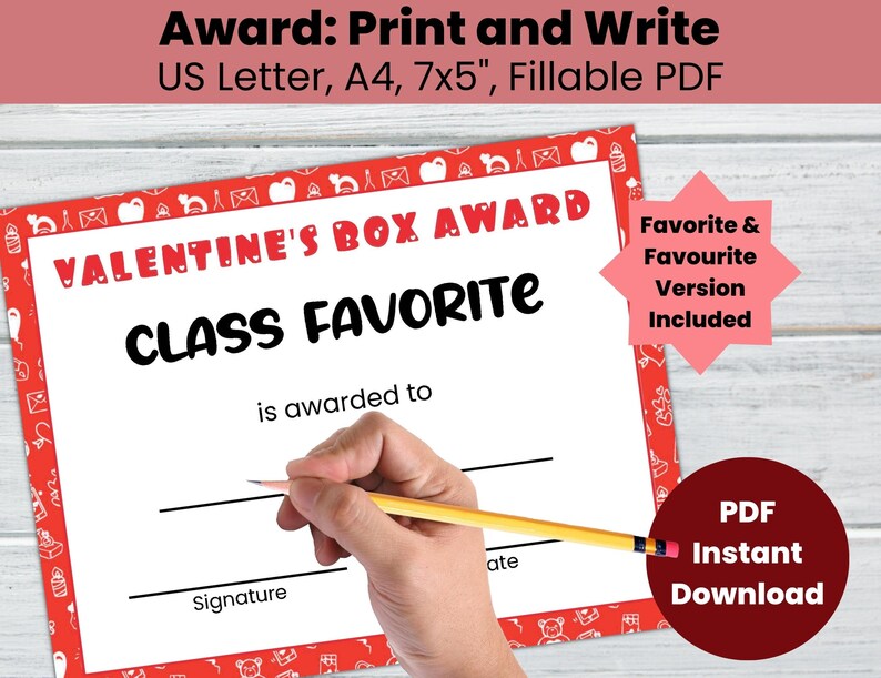 Valentine's Day Box Class Favorite Award Certificates and Voting Cards ...