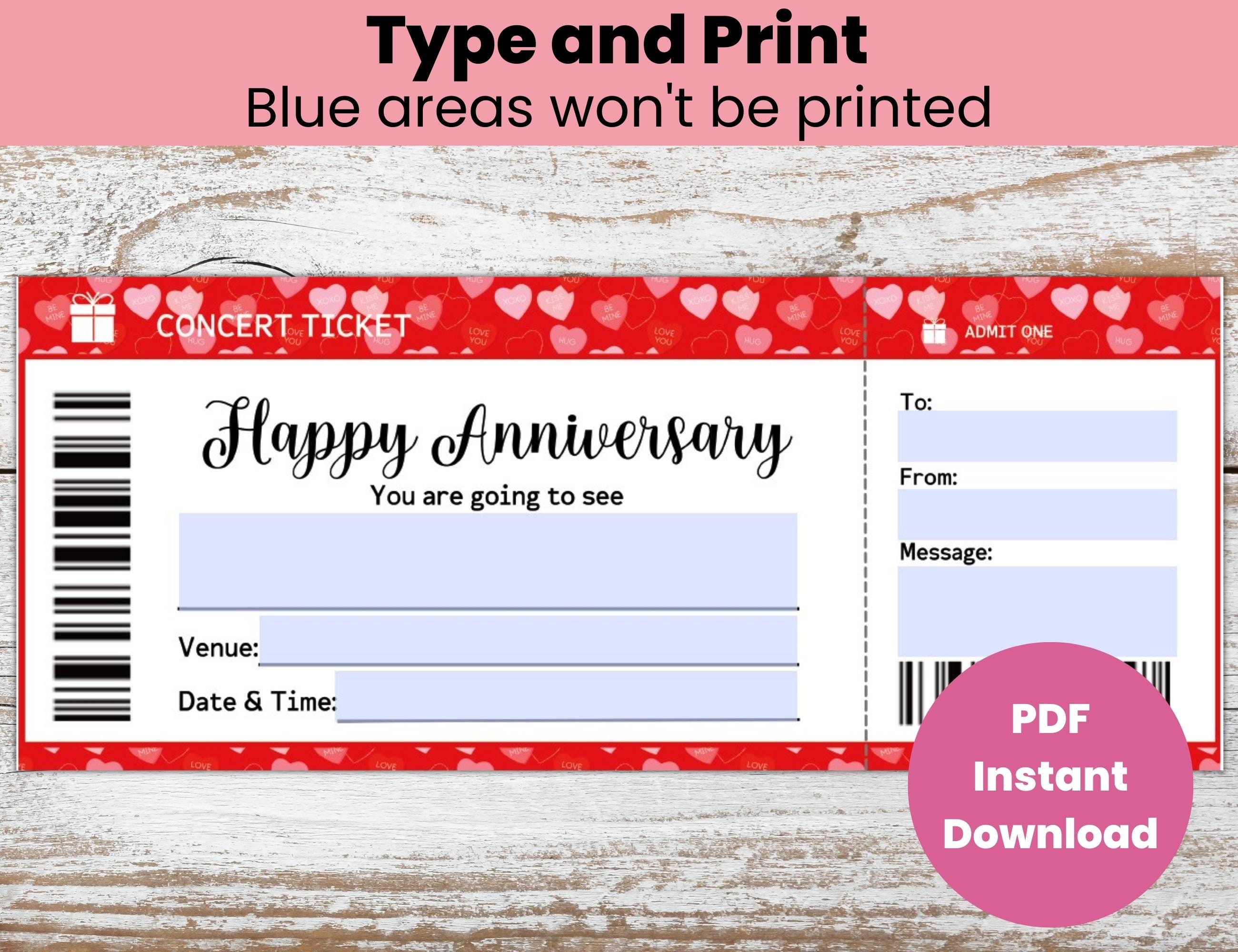 Anniversary Editable Concert Ticket Template Gift Certificate ...