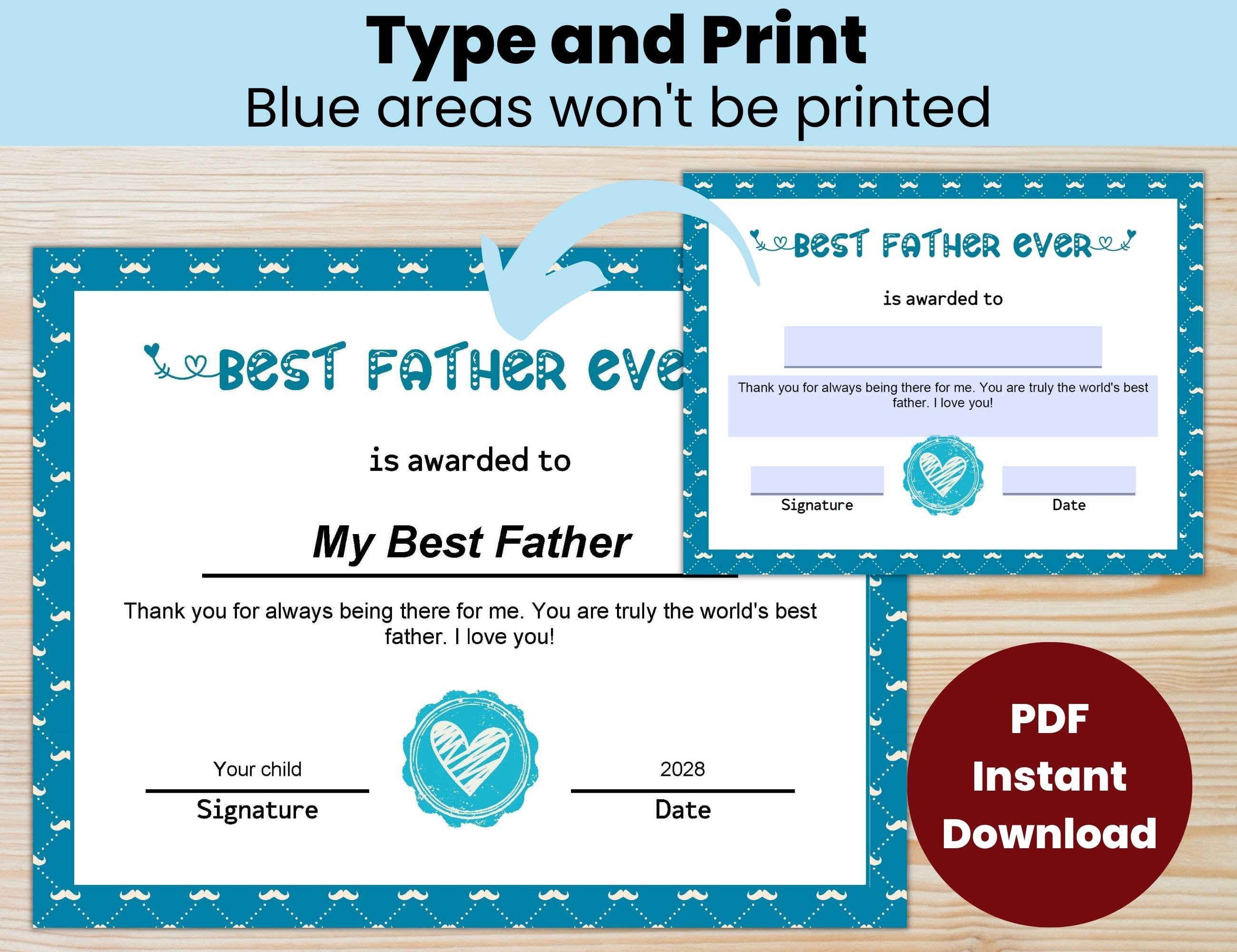 Best Father Ever Award Certificate Template Editable, Best Dad Award ...