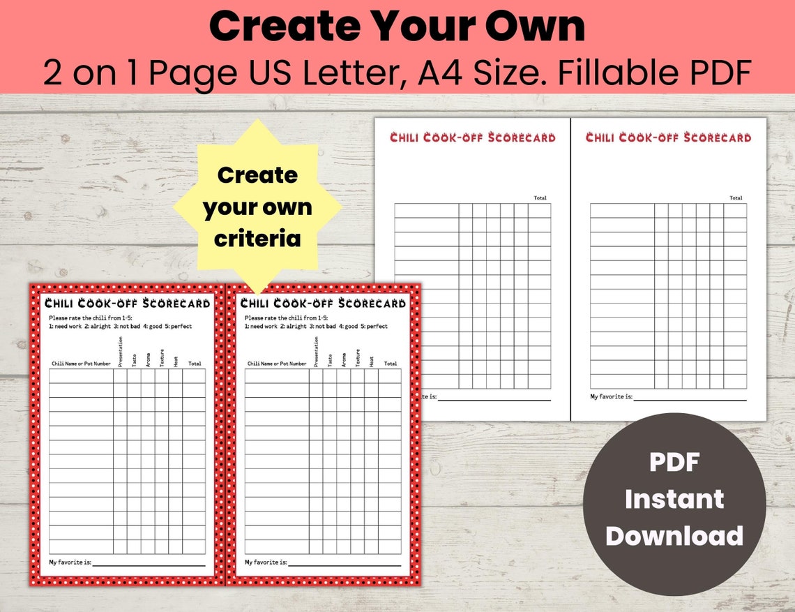 Chili Cook off Score Card, Chili Cook-off Score Sheet, Chili Cookoff ...