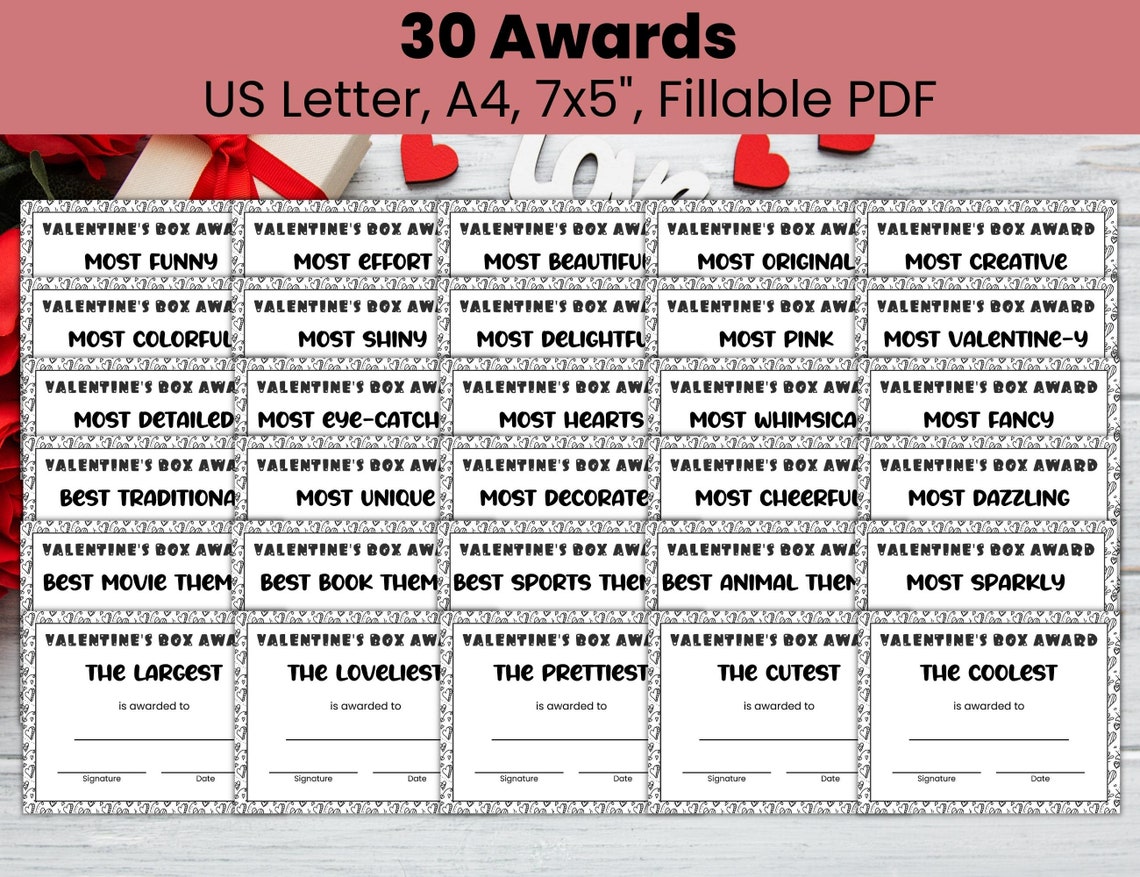 Valentines Box Contest Award Certificates, Black and White Valentines ...