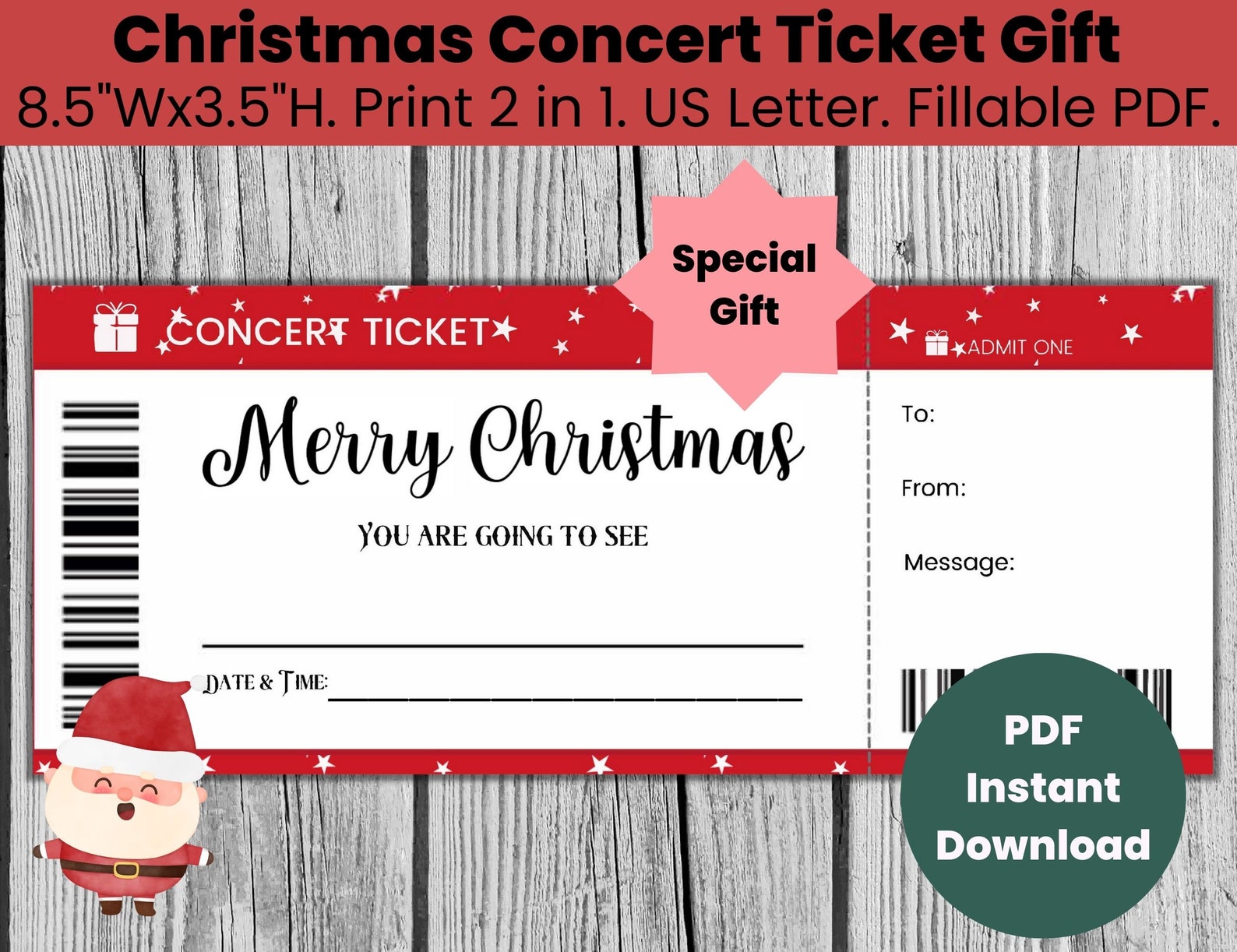 Personalized Christmas Concert Ticket Card, Christmas Surprise Event ...