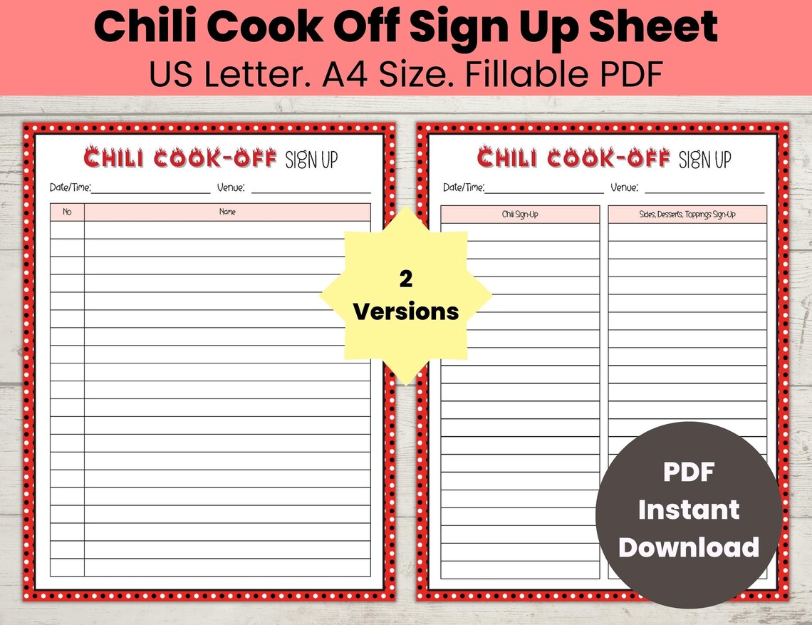 Chili Cook off Sign up Sheet Template Editable, Cooking Contest Prep ...