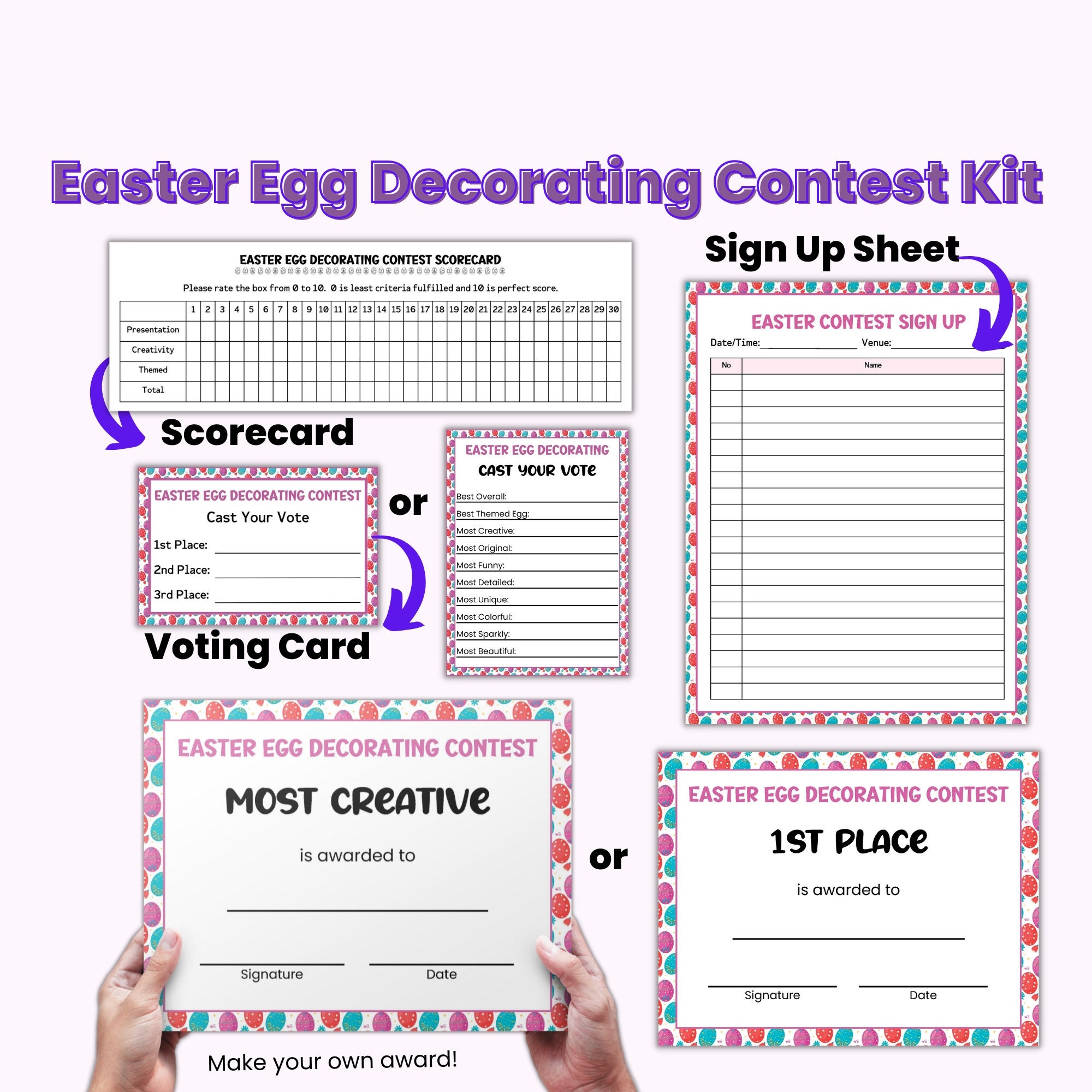 Easter Egg Decorating Contest Kit, Award Certificates, Voting Cards ...