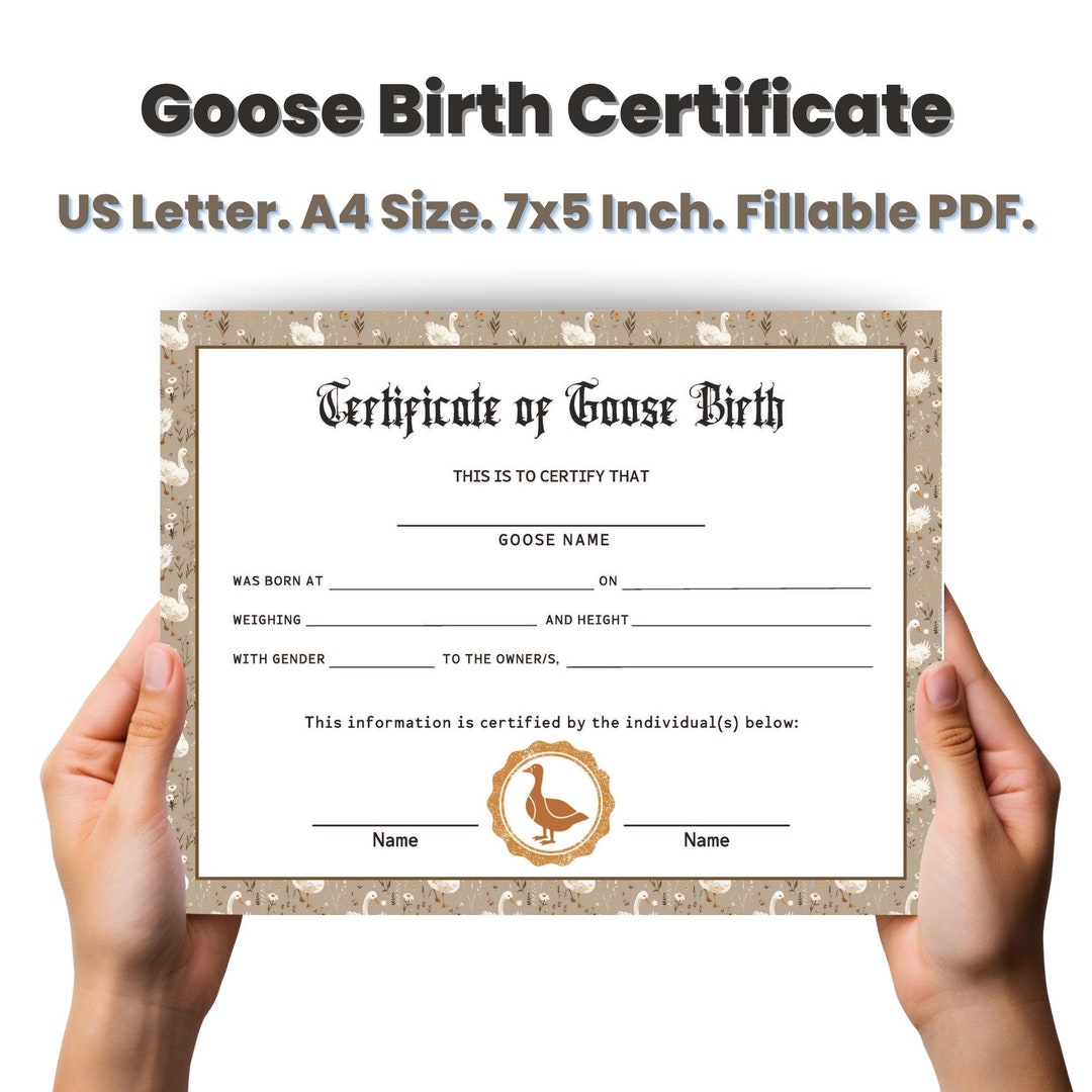 Personalized Goose Birth Certificate Template Editable, New Pet Gift ...