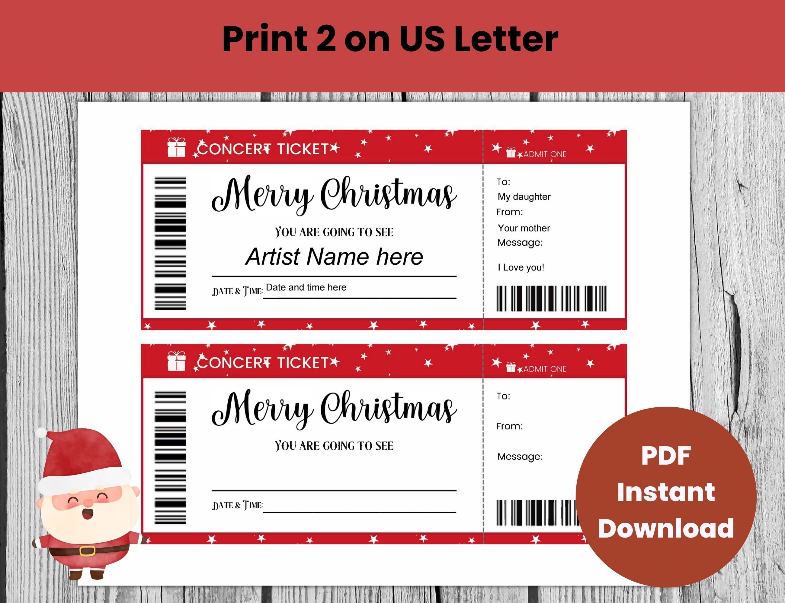 Personalized Christmas Concert Ticket Card, Christmas Surprise Event ...