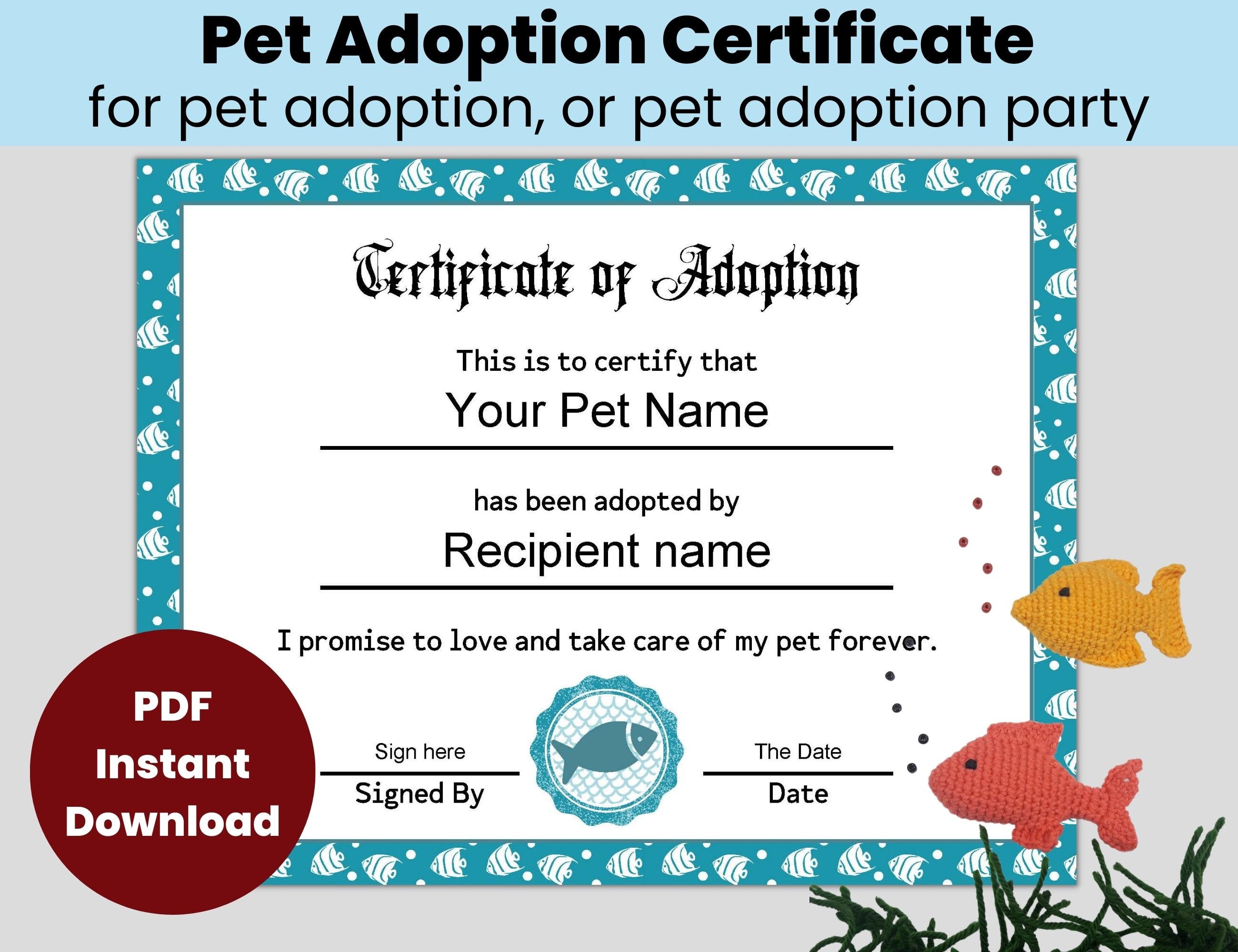 Pet Fish Adoption Certificate, Custom Editable Certificate Template for ...