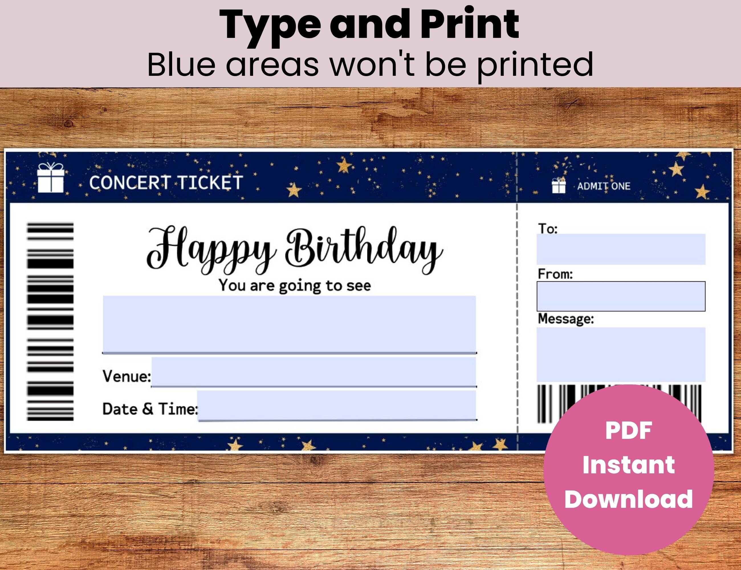 Concert Ticket Template for Birthday Gift Coupon, Custom Happy Birthday ...