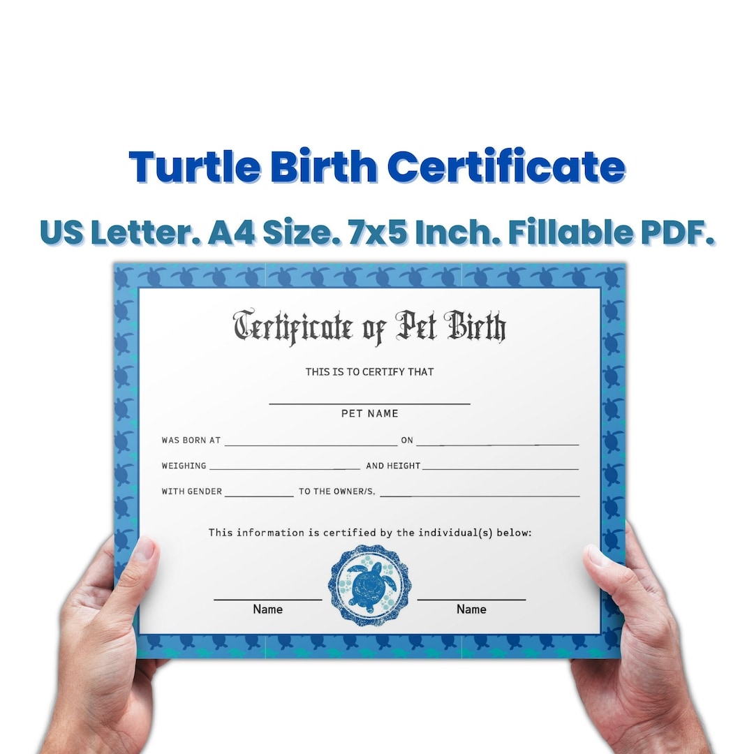 Personalized Pet Turtle Birth Certificate Template Editable, New Pet ...