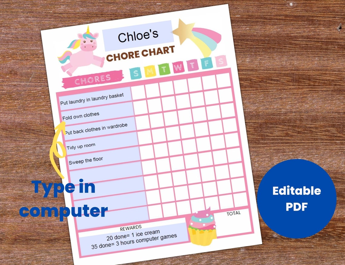 Unicorn Chore Chart for Kids Printable, Editable Kids' Chore Chart ...