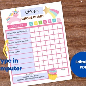 Unicorn Chore Chart for Kids Printable, Editable Kids' Chore Chart ...